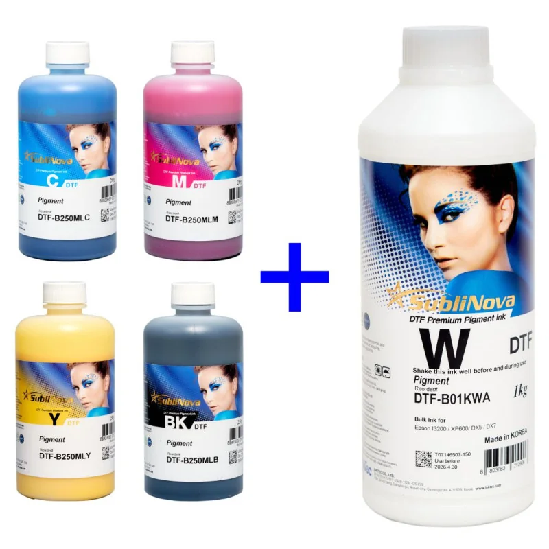Pack d'encres DTF InkTec CMYK (4 x 250 ml) + 1 encre blanche W (1 kg)